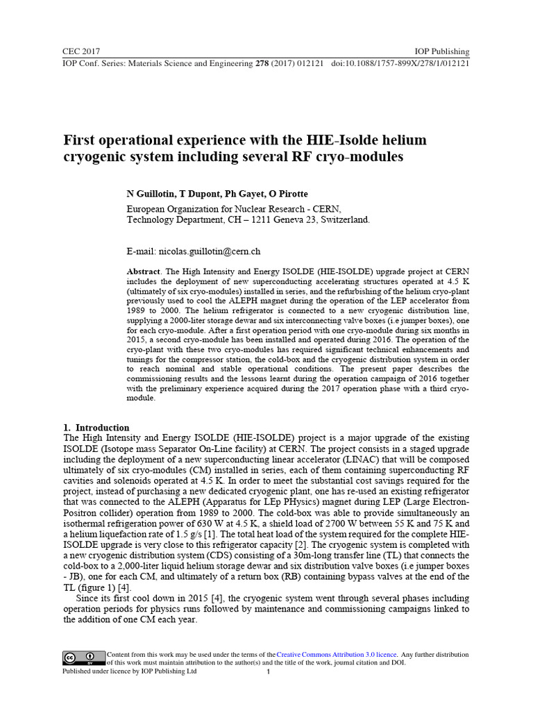 First Operational Experience With The HIE-Isolde H | PDF | Cryogenics ...