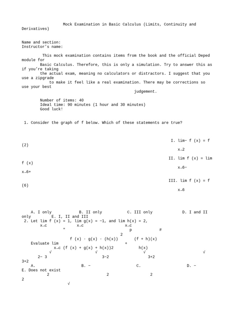 Prelims 3rd QTR Basic Calculus Examination | PDF | Mathematics | Mathematical Analysis