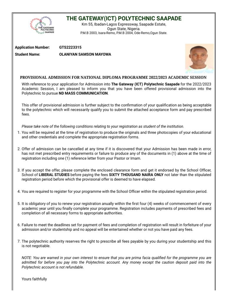 __ the Gateway (Ict) Polytechnic Saapade __ Admission Letter | PDF