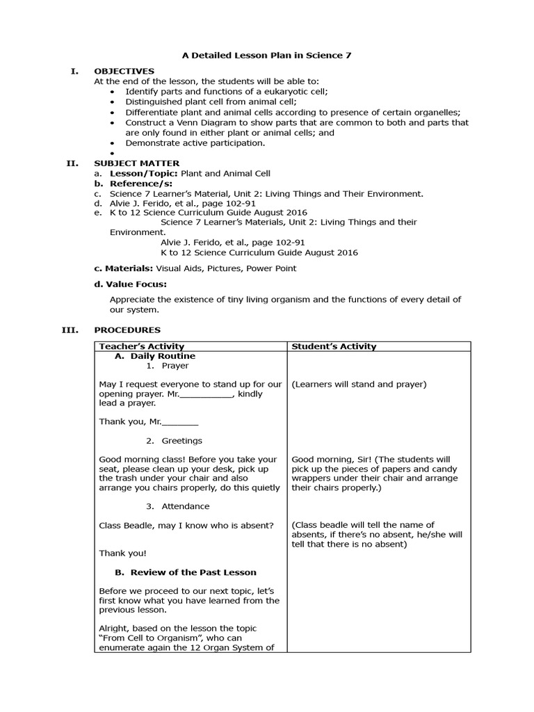 A Detailed Lesson Plan in Science 7 | Download Free PDF | Cell (Biology ...
