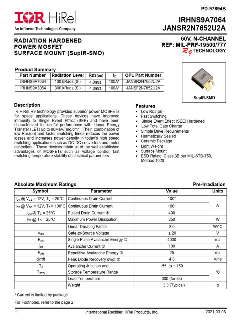 Infineon IRHNS9A7064 DataSheet v01 - 01 EN | PDF | Field Effect ...