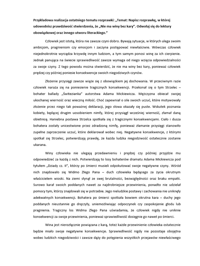 Rozprawka Nie Ma Winy Bez Kary | PDF