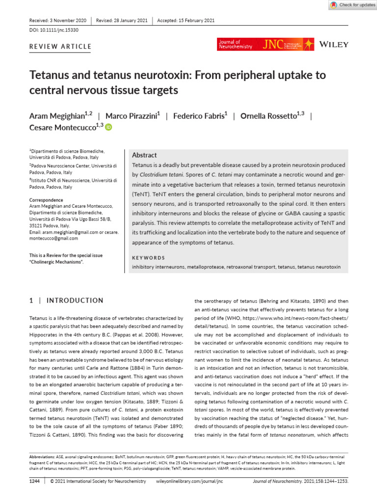 Tetanus and Tetanus Neurotoxin From Peripheral Uptake To | PDF | Biology