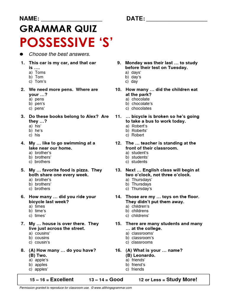 Quiz Possessive S Worksheet | PDF