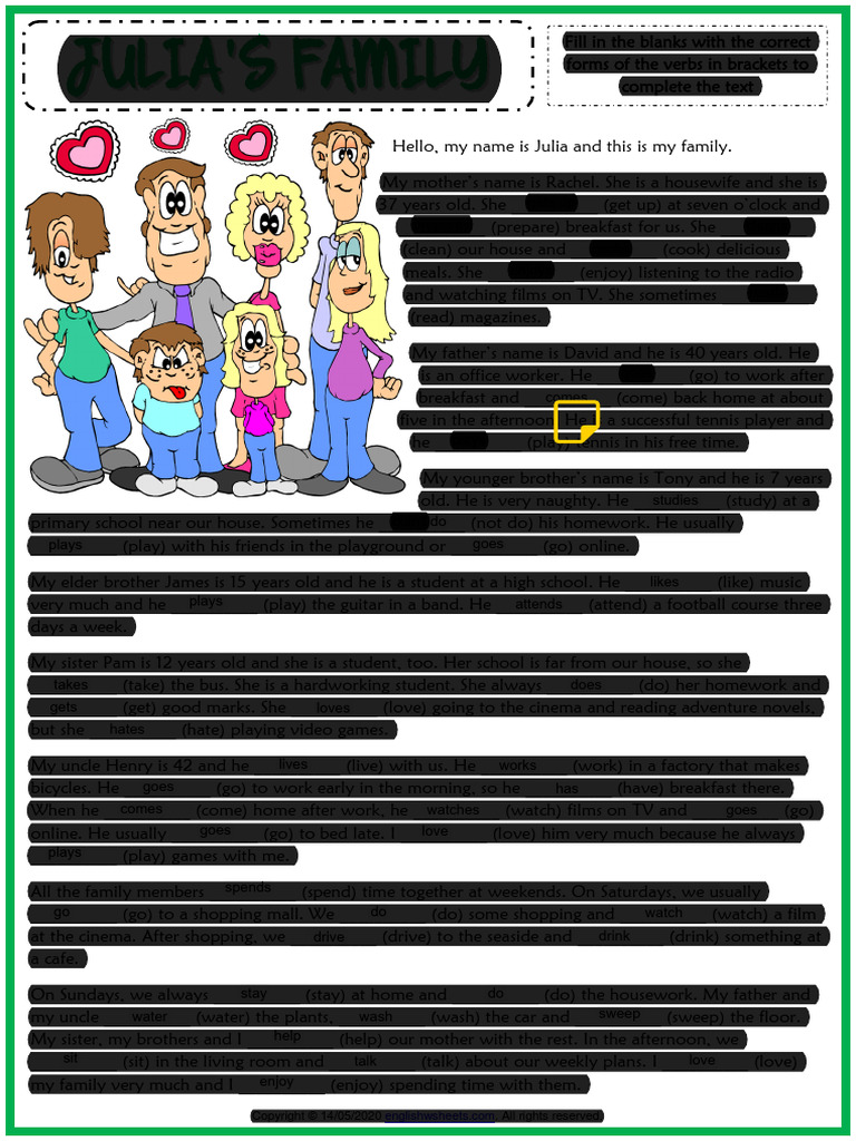 Present Simple Julias Family Esl Reading Text Gap Fill Exercise ...