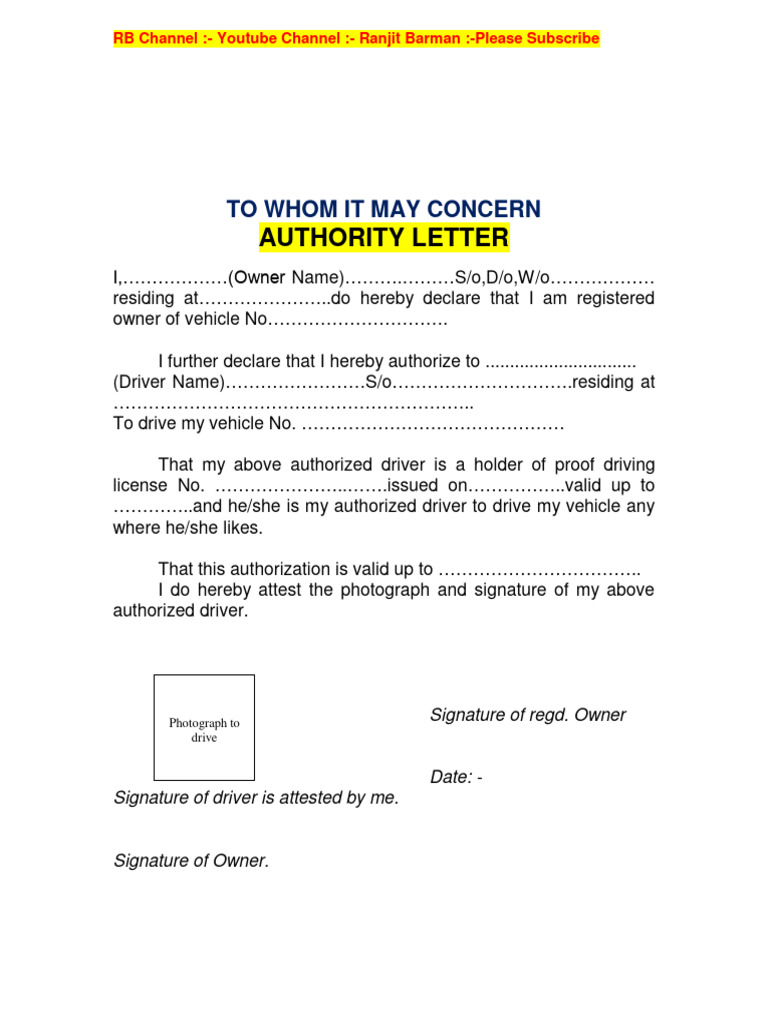 Authority letter for driver | PDF
