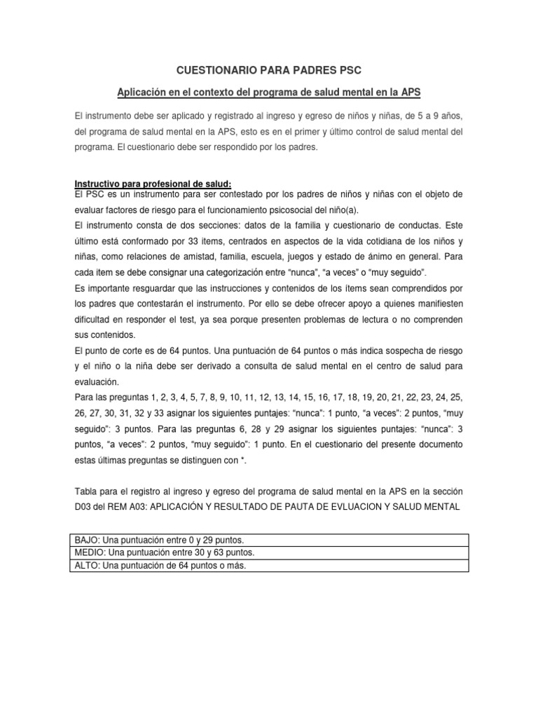 Cuestionario PSC para Padres de Niños | PDF | Cuestionario