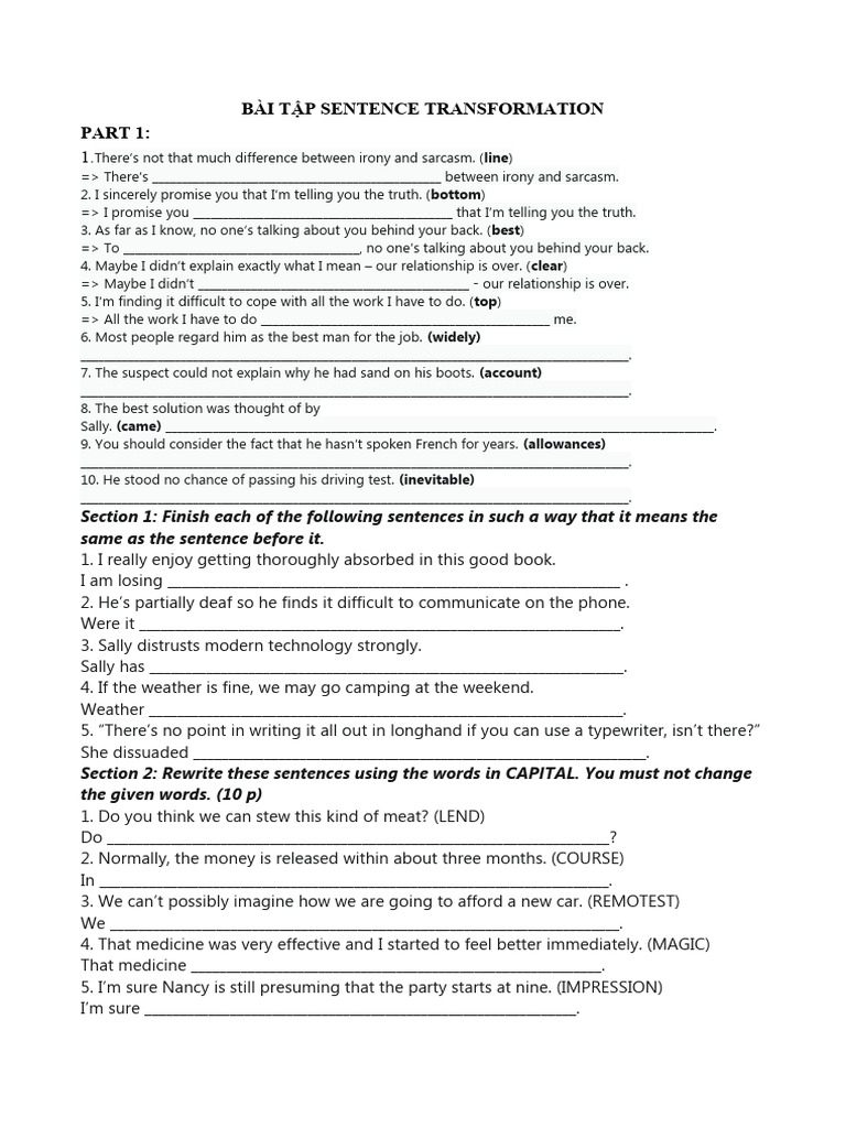 BÀI TẬP SENTENCE TRANSFORMATION | PDF | Language Arts & Discipline