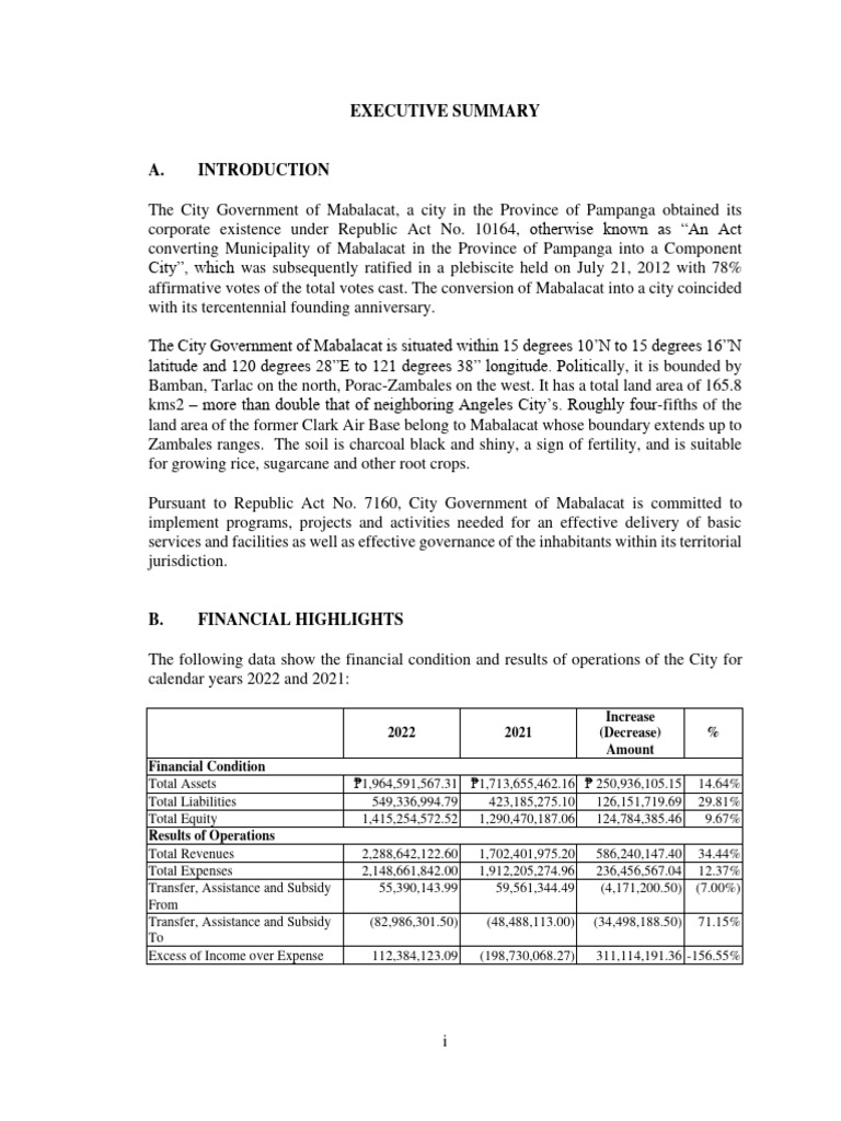 Mabalacat City Executive Summary 2022 | PDF | Audit | Taxes Mabalacat City Executive Summary 2022 | PDF | Audit | Taxes