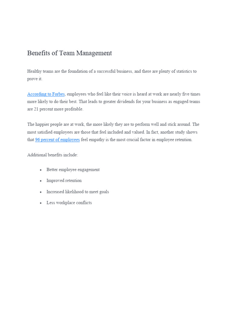 Benefits of Team Management | PDF | Employee Retention | Goal