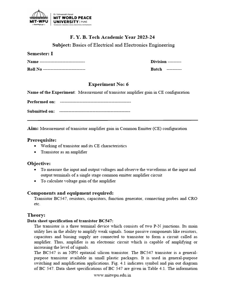 Expt. No. 6 | PDF | Amplifier | Transistor