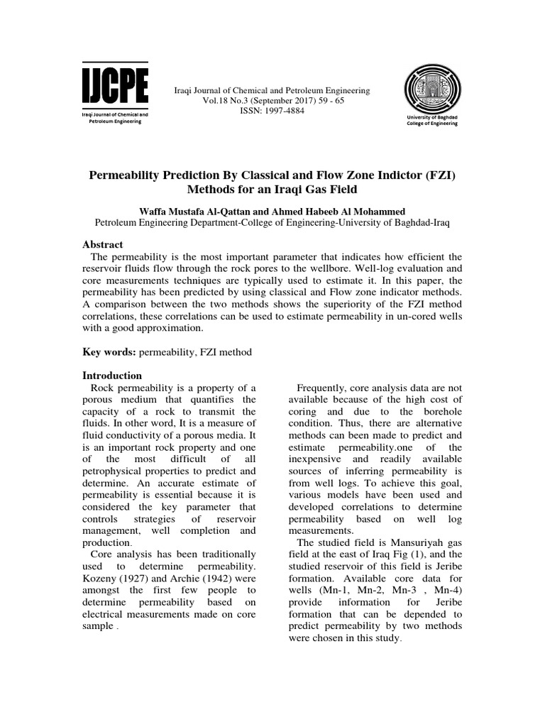 Permeability Prediction by Classical and Flow Zone Indictor (FZI ...