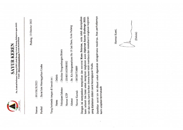 Surat Izin Meninggalkan Usaha Rinto Pebrian | PDF