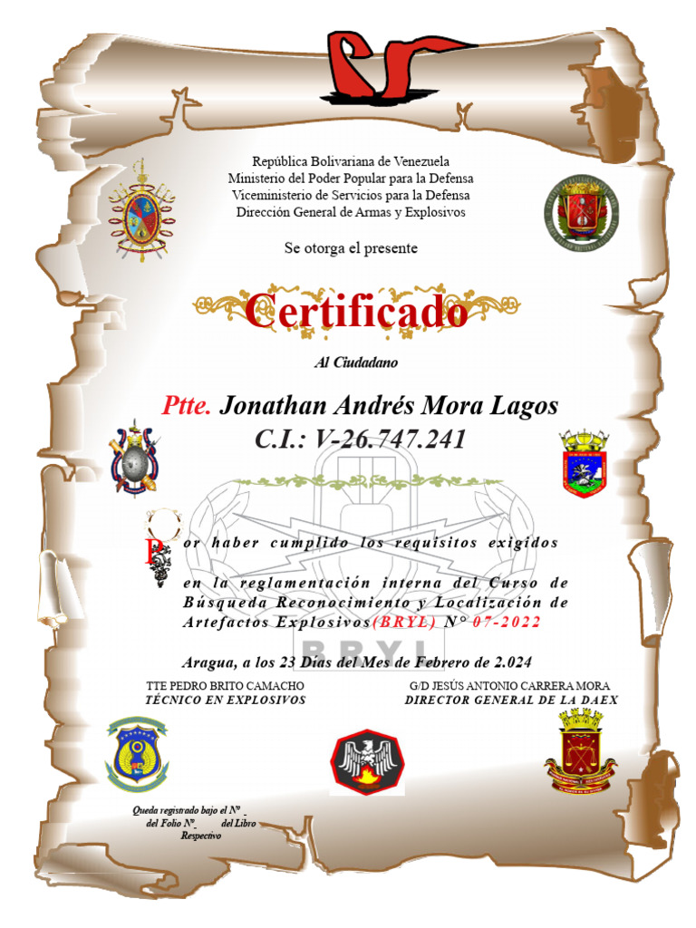 Certificado Bryl | PDF | Ministerios de defensa | Venezuela