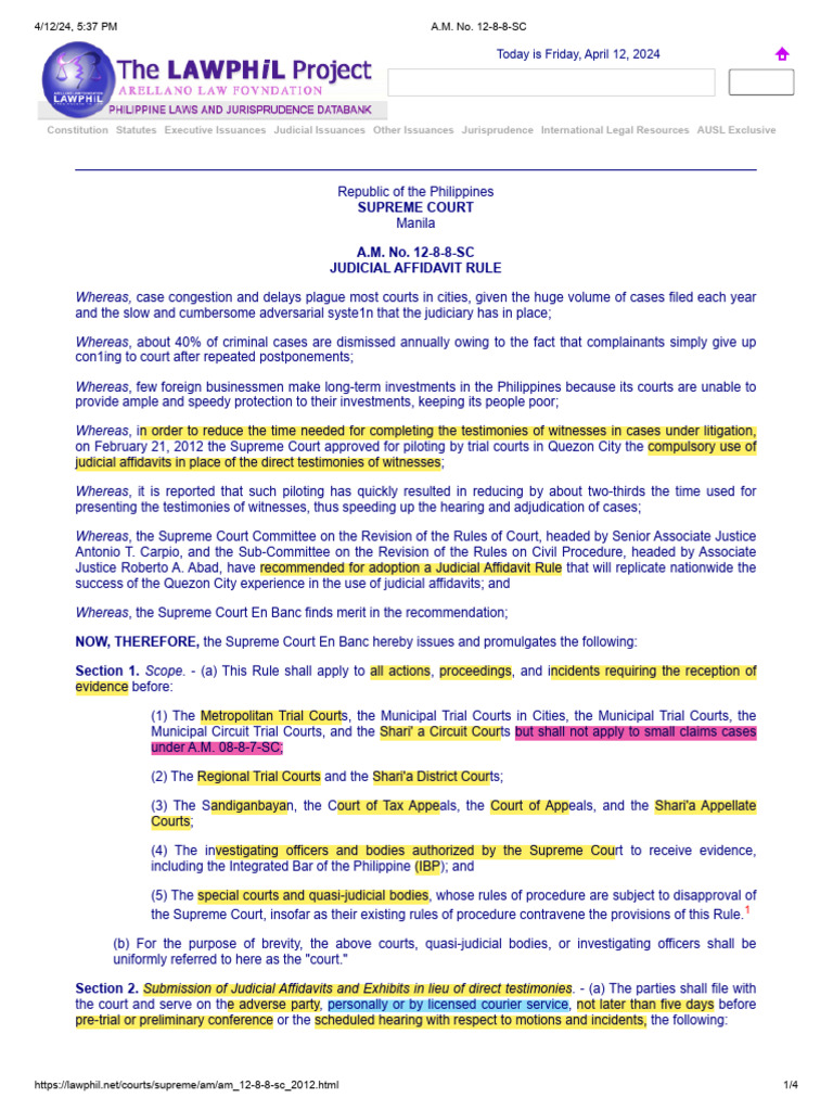 A.M. No. 12-8-8-SC - Judicial Affidavit Rule | PDF | Affidavit | Witness
