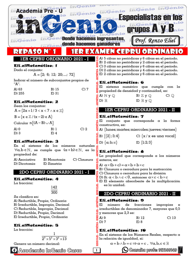Repaso 1er Examen Cepru Ord | PDF | Sustracción | División (Matemáticas)
