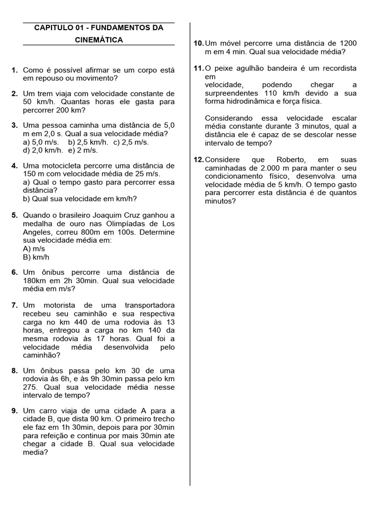 CAPITULO 01 - Fundamentos Da Cinemática Exercicios | PDF | Velocidade | Cinemática