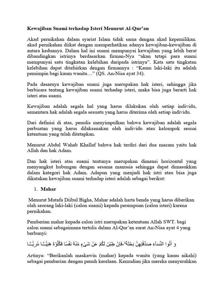 Kewajiban Suami Terhadap Isteri Menurut Al | PDF