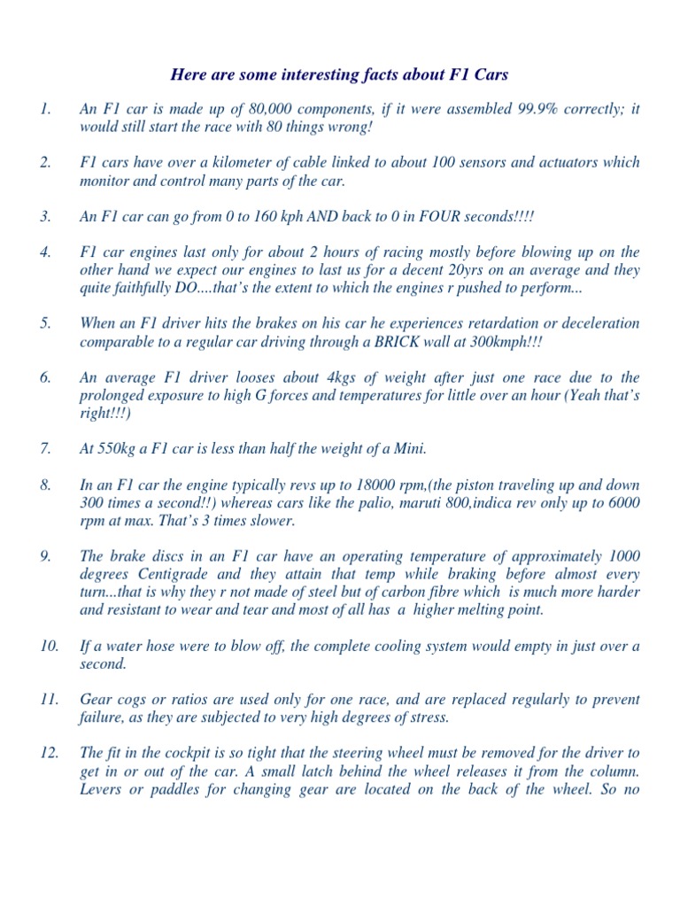Here Are Some Interesting Facts About F1 Cars | PDF