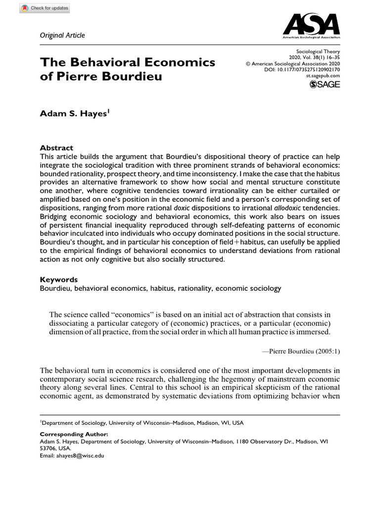 The Behavioral Economics of Pierre Bourdieu | PDF | Behavioral ...