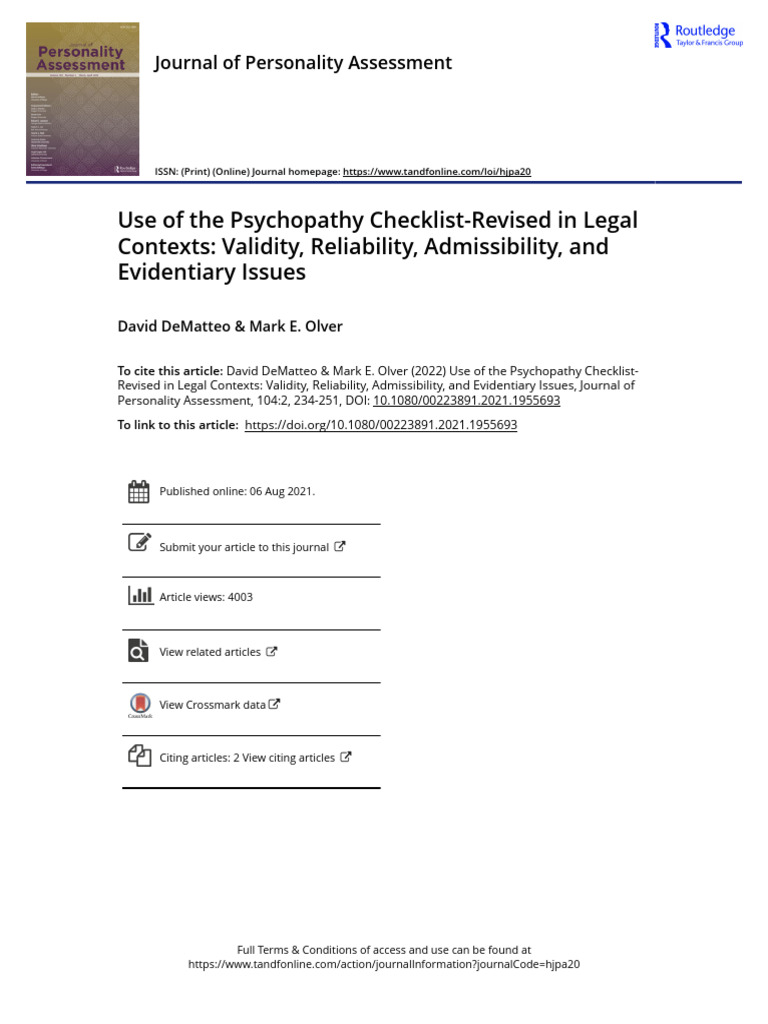 Legal Use of Psychopathy Checklist | PDF | Psychopathy | Behavioural ...