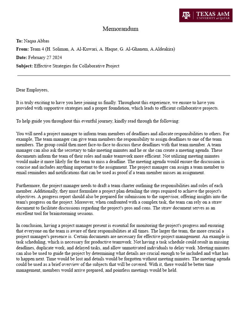 Memo 1 | PDF | Organizational Behavior