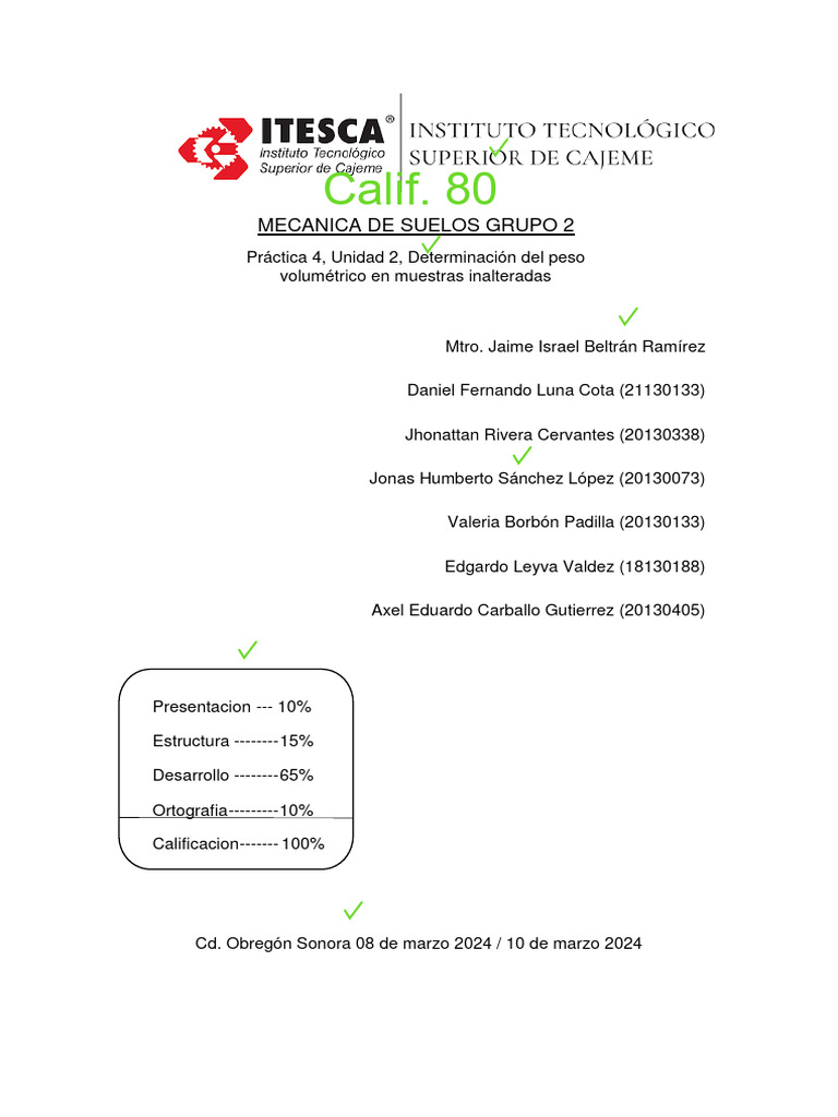 Práctica 4 U2, Determinación Del Peso Volumétrico en Muestras Inalteradas | PDF | Metrología