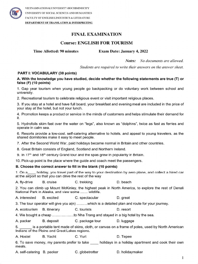 CTC DE THI English For Tourism 04 01 2022 | PDF