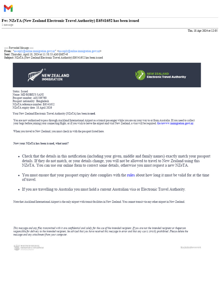 Gmail - FW - NZeTA (New Zealand Electronic Travel Authority) E6541652 Has Been Issued | PDF ...