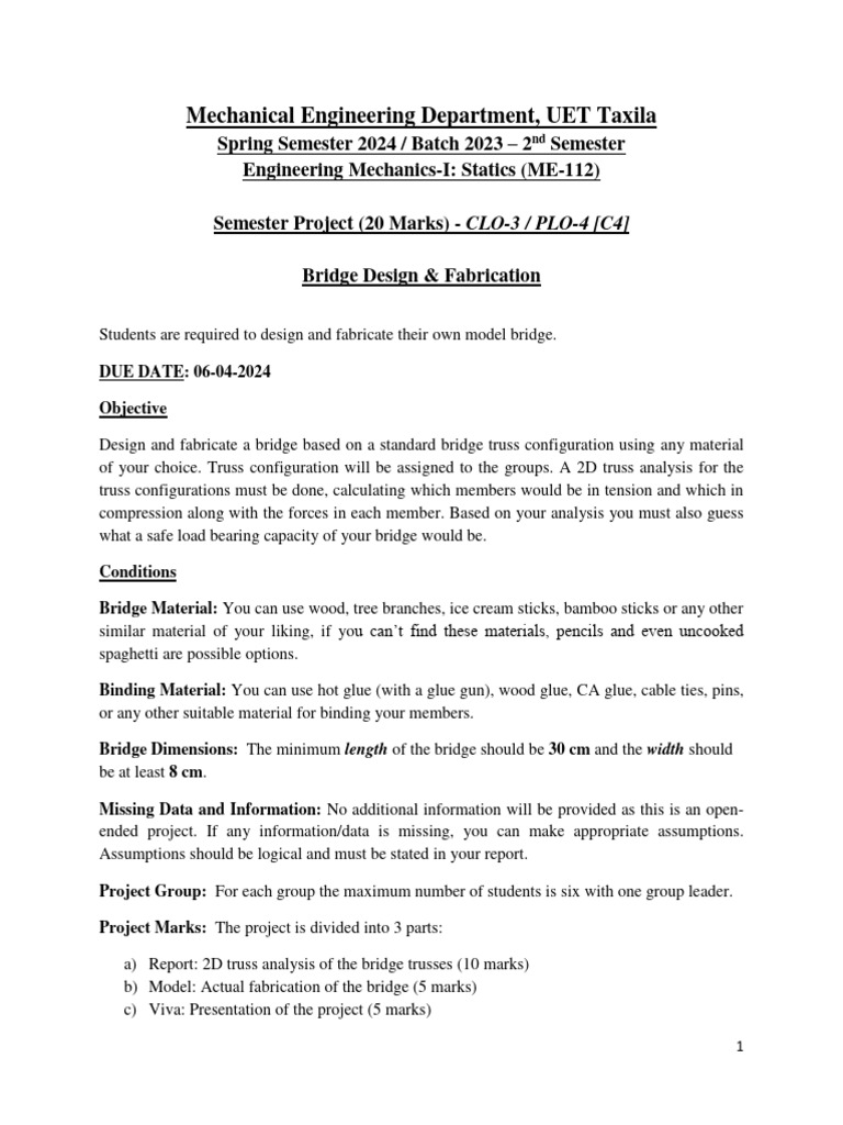 Statics Project Instructions | PDF | Truss | Bridge
