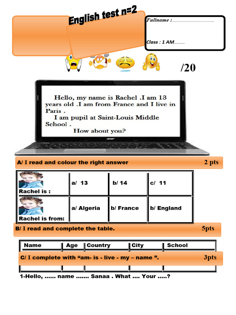 1MS - The Second Test - FiRST Term English Test 2G - 2016-2017 | PDF
