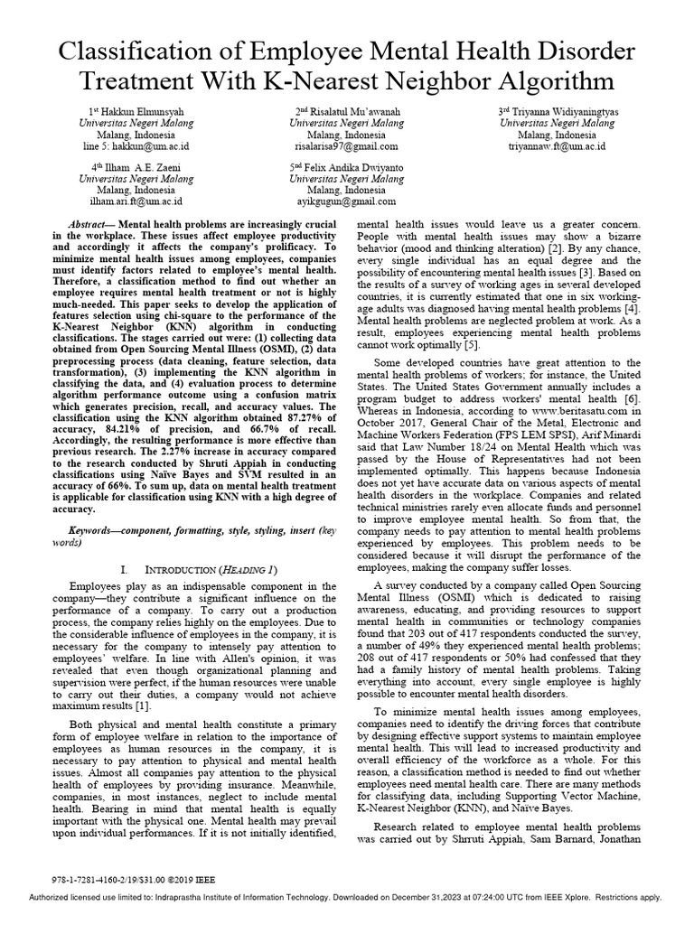 Classification of Employee Mental Health Disorder Treatment With K ...
