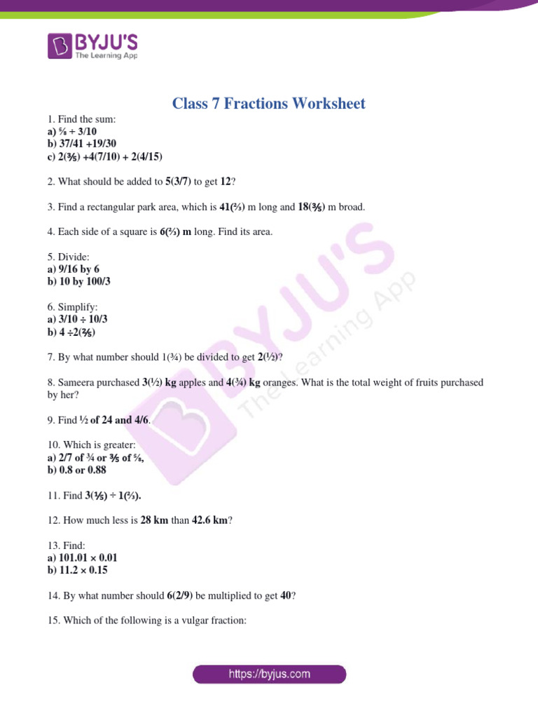 Class 7 Fractions Worksheet Pdf