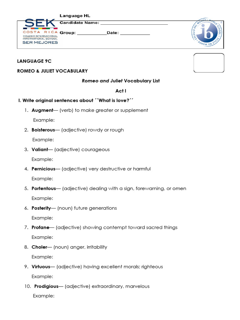 Romeo 6 Juliet Vocabulary Practice | PDF | Linguistics
