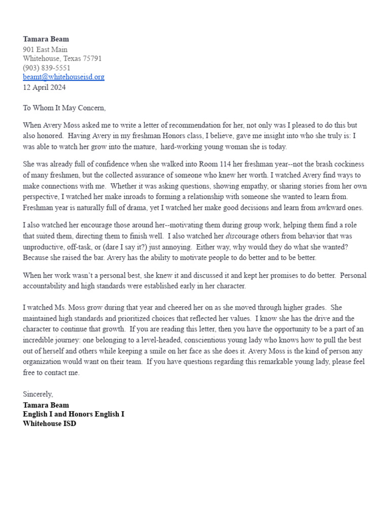 Avery Moss Recommendation Letter | PDF | Wellness