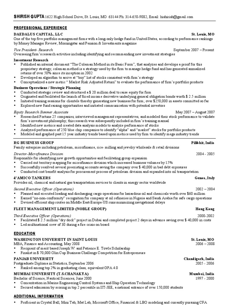 Shirish Resume | PDF | Hedge Fund | Investing