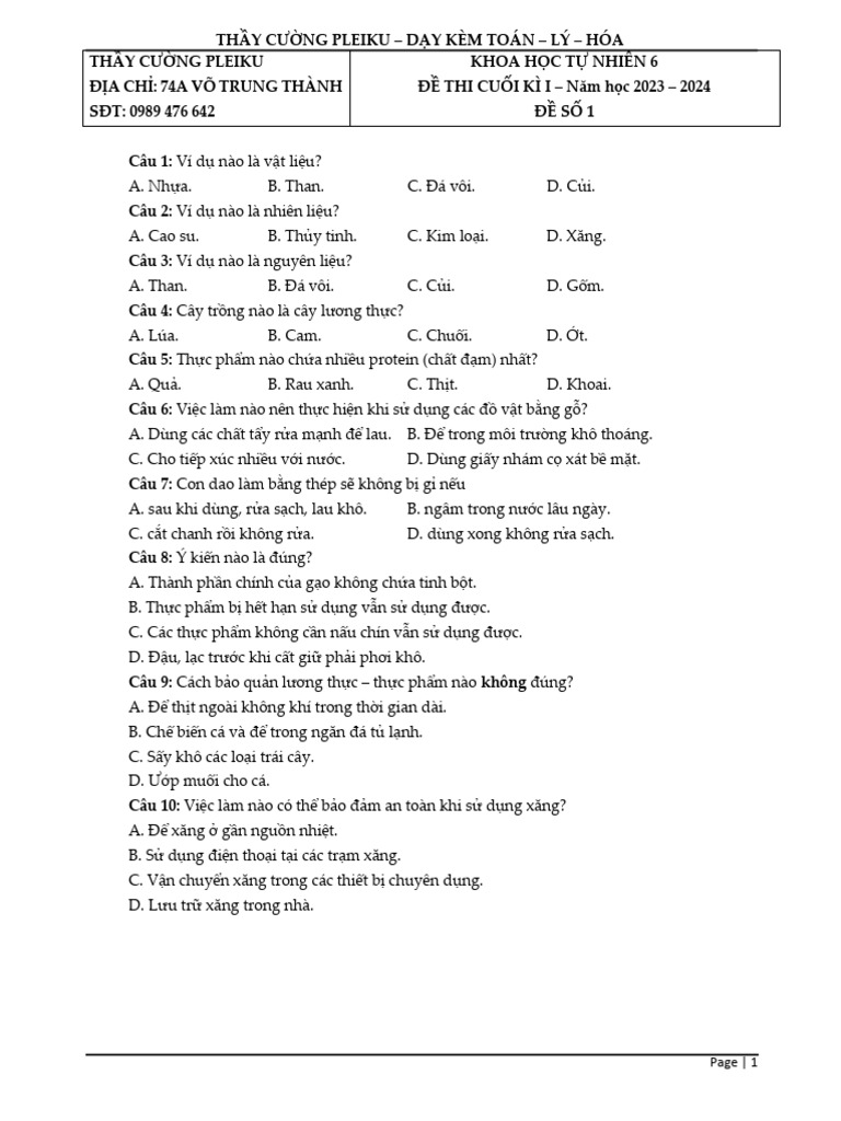 ĐỀ CUỐI KÌ I KHTN 6 | PDF