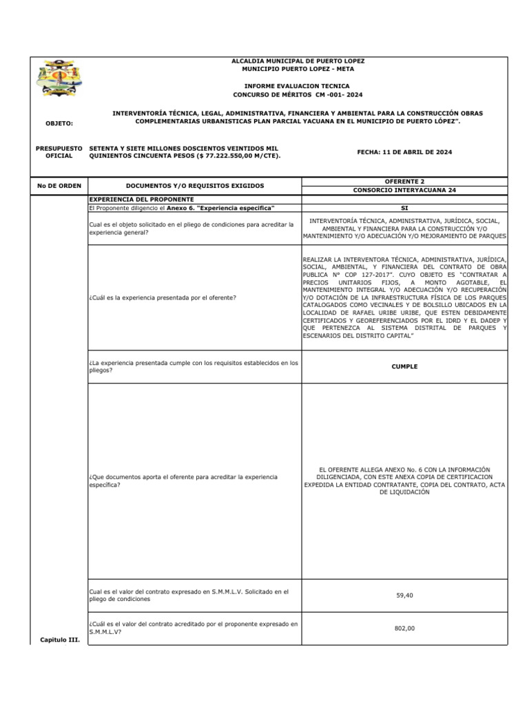 Evaluacion Tecnica Cm-001-2024 v2 - Ponderables - Consorcio Inter Yacuana | PDF | Documento de ...