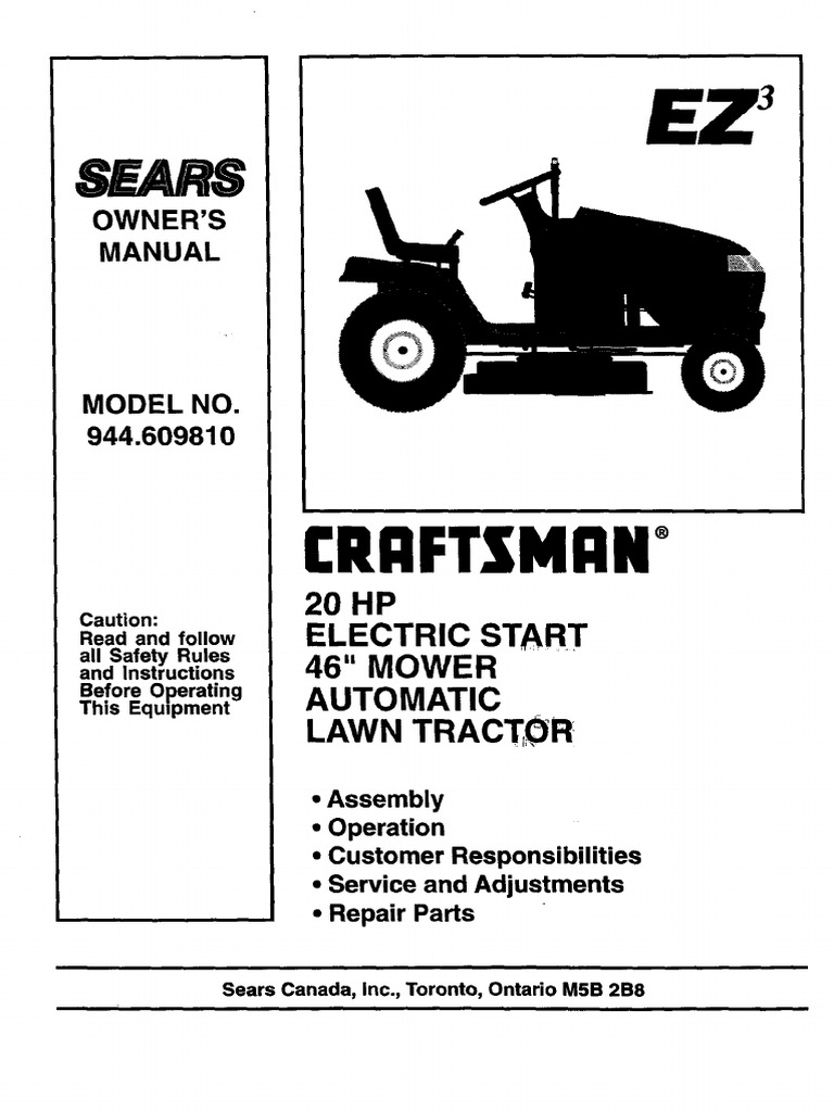 Craftsman 20 HP Electric Start 46" Mower Automatic Lawn Tractor Manual ...