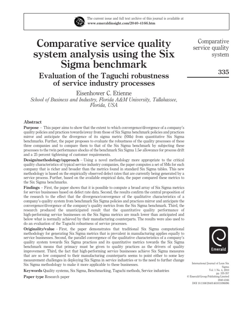 Comparative Service Quality System Analyis Using Six Sigma Benchmark Pdf Six Sigma