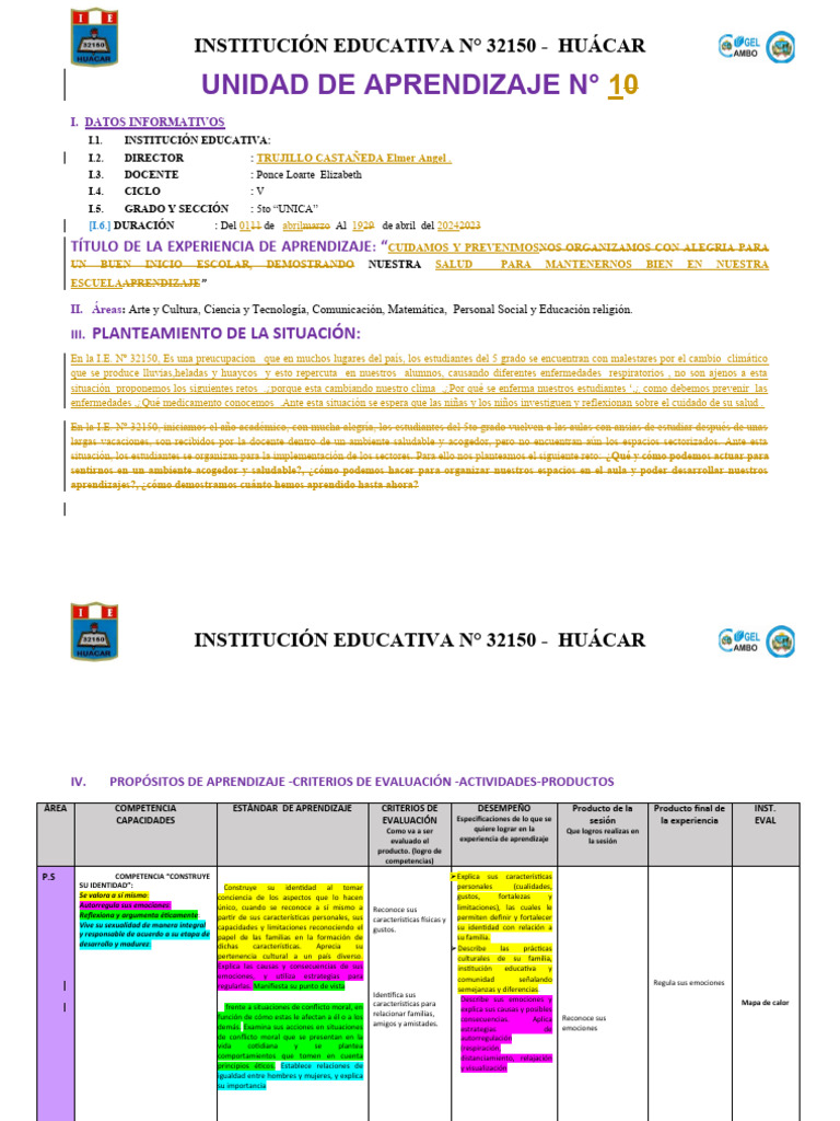 Unidad de Aprendizaje N°1 de 5to Grado de Primaria | PDF | División (Matemáticas) | Aprendizaje