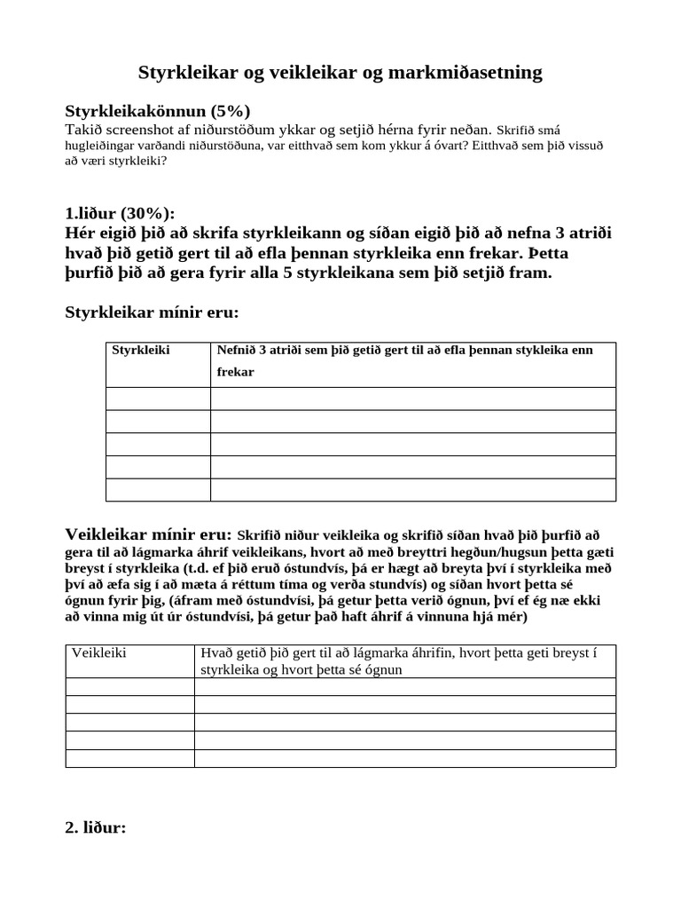Styrkleikar Og Veikleikar Verkefni | PDF