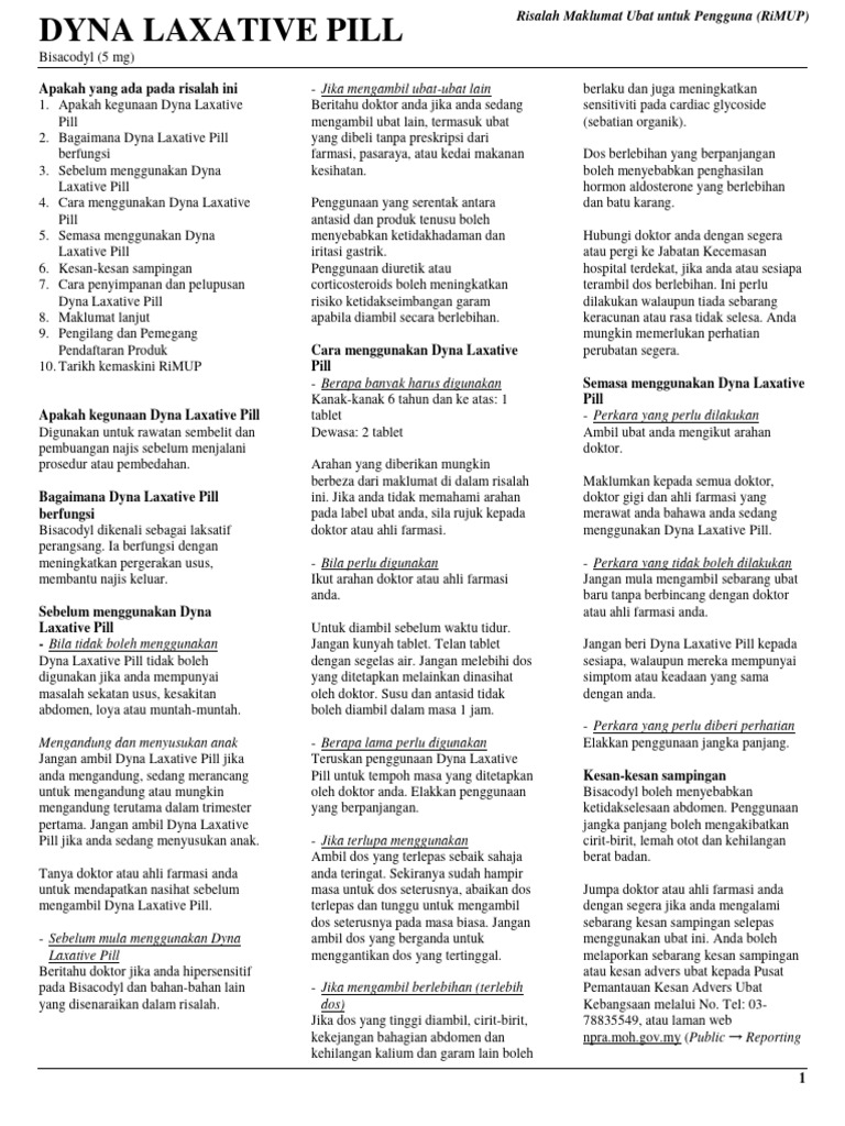 Dyna Laxative Pill Bisacodyl DYNAPHARM M SDN. BHD. 15sep2018 BM | PDF
