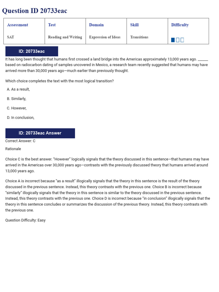 Transitions (Easy) Answers | PDF | Question | Sat