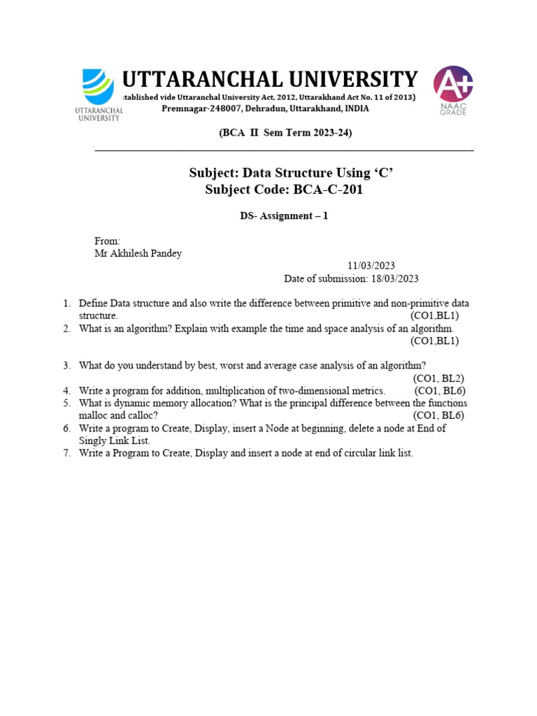 Data Structure Assignment for BCA 2023-24 | PDF | Art | Computers