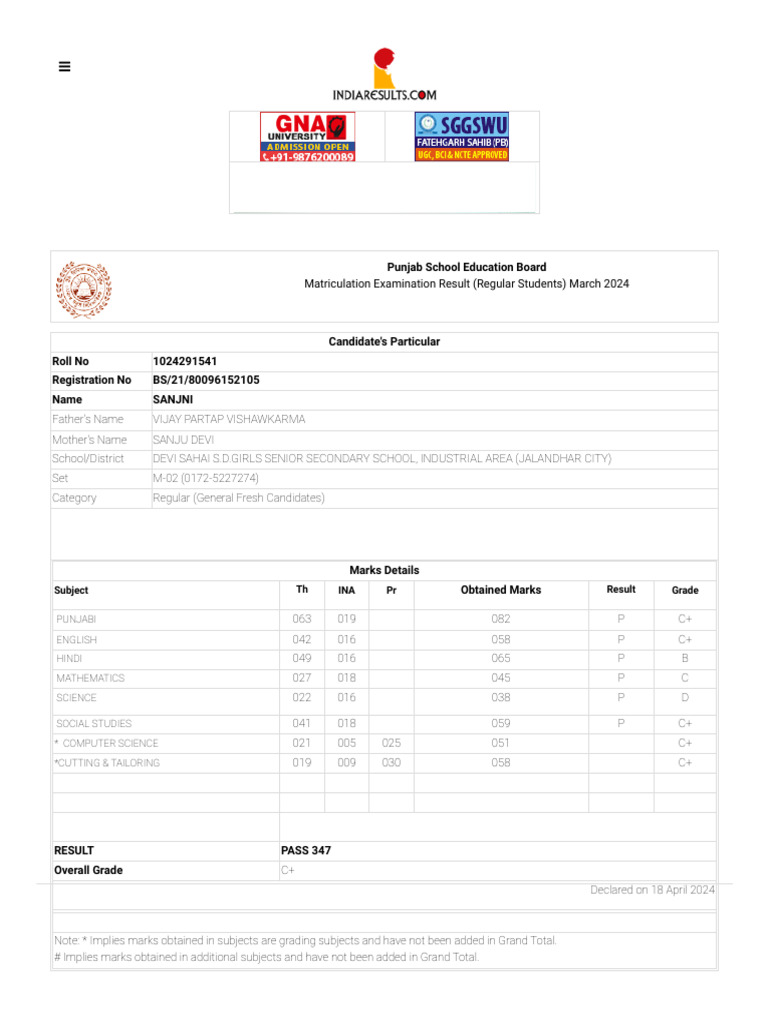 Punjab Matric Result March 2024 | PDF | Standardized Tests | Career And ...