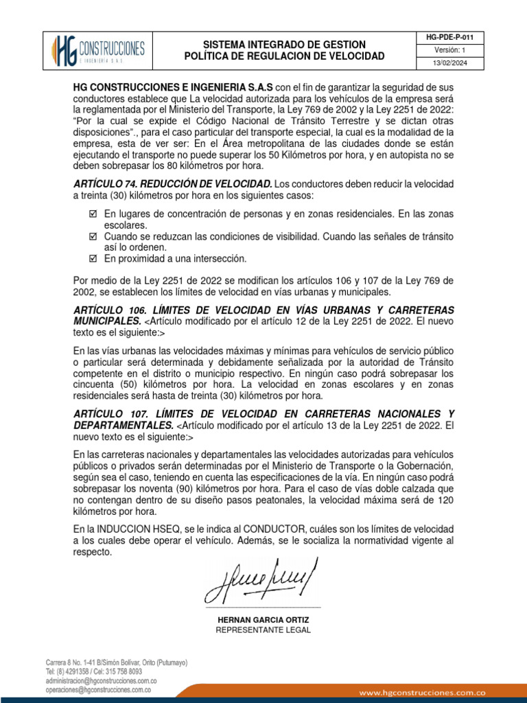 HG-PDE-P-011 Politica de Regulacion de Velocidad V1 | PDF | Tráfico ...