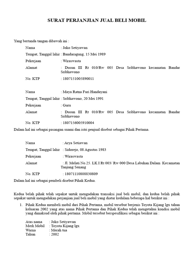 SURAT PERJANJIAN JUAL BELI MOBIL Word | PDF