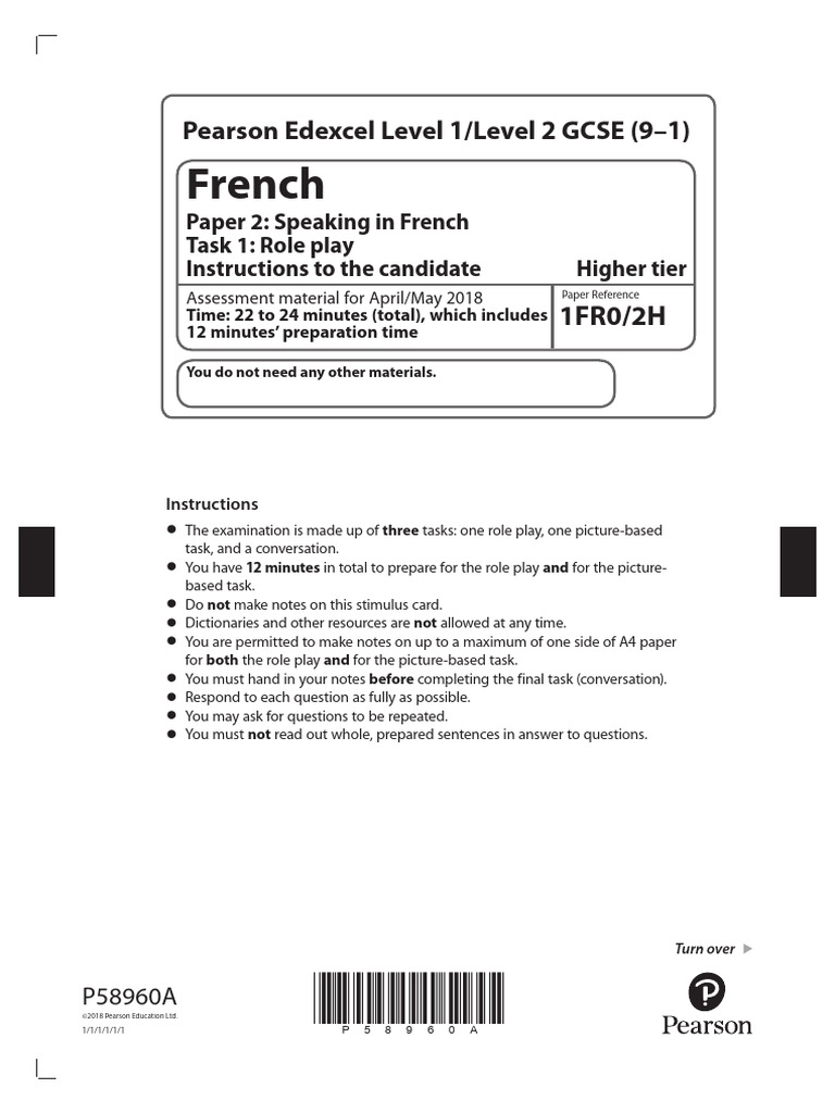 1FR0 2H - Higher Task 1 - Role Play Cards - Candidate | Download Free ...