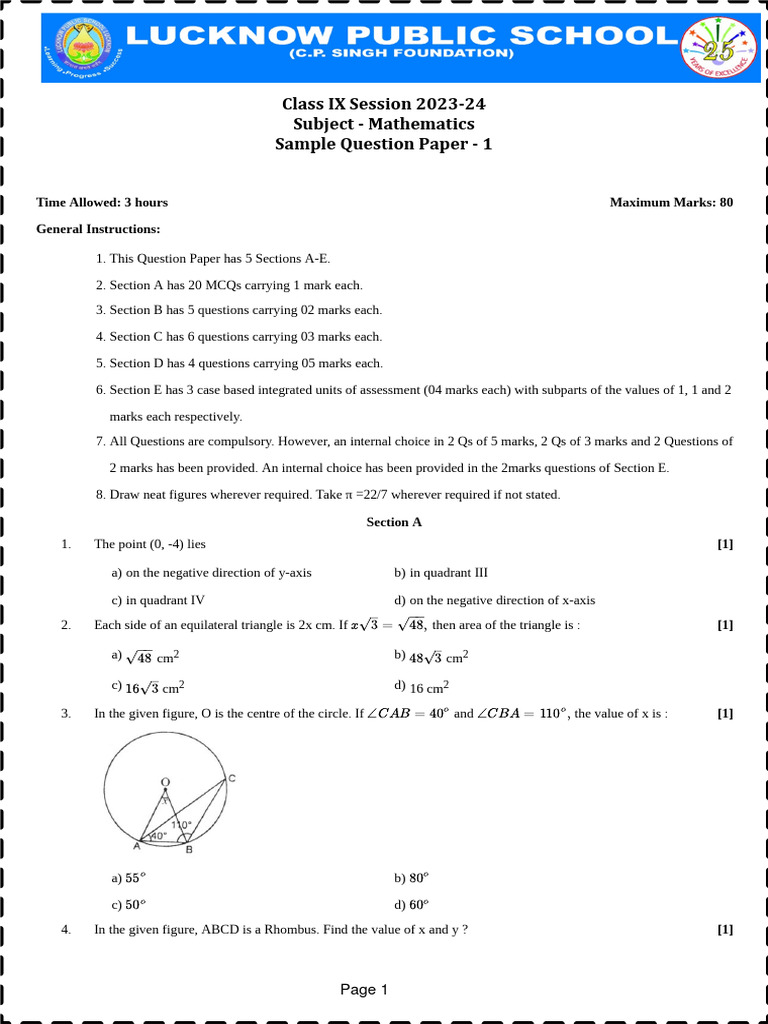 Class Ix Practice Paper 1 Annual | PDF | Area | Angle